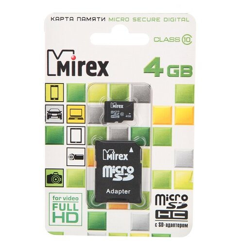 Карта памяти 4Gb - Mirex - Micro Secure Digital HC Class 10 13613-AD10SD04 с переходником под SD (Оригинальная!)