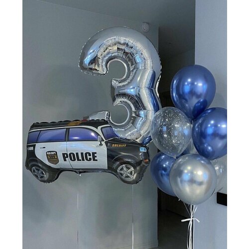 Шарики гелиевые 9шт, шар машинка полиция и цифра три голубая