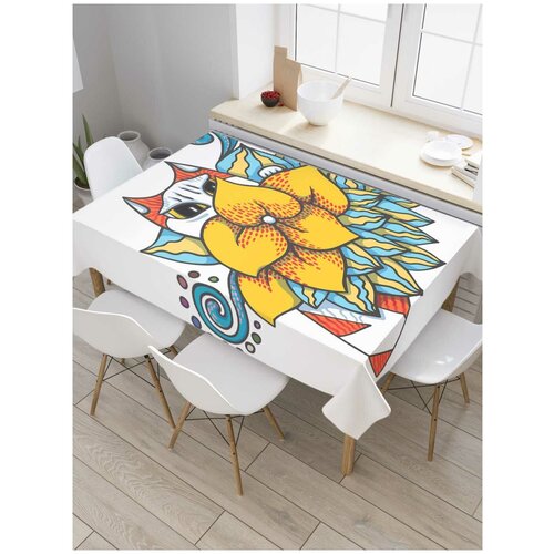 Скатерть прямоугольная JoyArty на кухонный стол "Котик спрятался в цветах" из оксфорда, 120x145 см