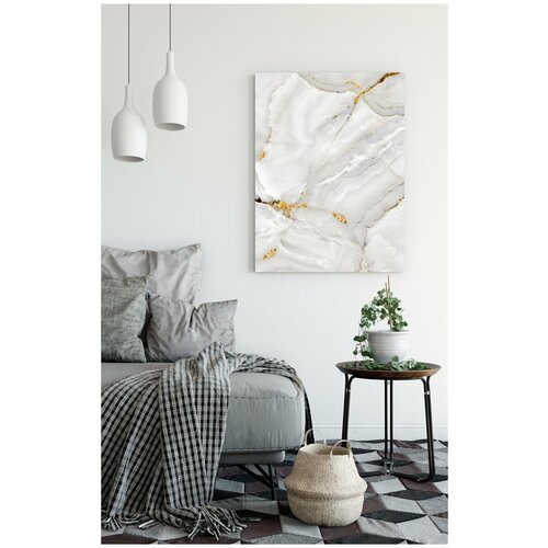 Интерьерная картина на холсте натянутая на подрамник / 50х70 / Абстракция "Бело-золотой мрамор" №1 / в кухню / в спальню / в гостиную / на стену