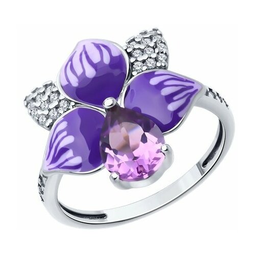 Кольцо Diamant online, серебро, 925 проба, аметист, эмаль, фианит, размер 16.5, фиолетовый