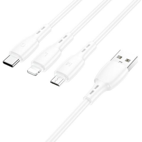 Кабель BX71, 3 в 1, microUSB/Lightning/Type-C - USB, 2 А, PVC оплётка, 1 м, белый
