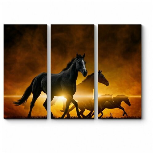 Модульная картина Бегущие лошади на фоне закатных облаков 140x100