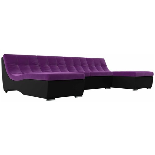П-образный модульный диван Монреаль, Микровельвет фиолетовый, Экокожа черная