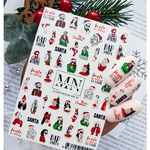 MIW Nails "Слайдеры для ногтей" водные наклейки для дизайна #W-45 цветной девушка, плохой санта, рождество