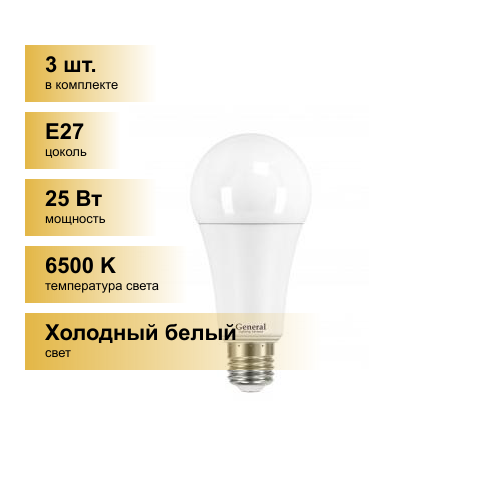 (3 шт.) Светодиодная лампочка General ЛОН A67 E27 25W 6500K 6K 67x110 пластик/алюмин. 690300