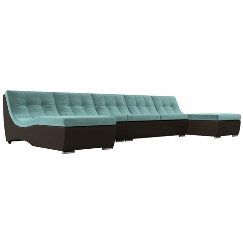 П-образный модульный диван Монреаль Long, Велюр бирюзовый, Экокожа коричневая