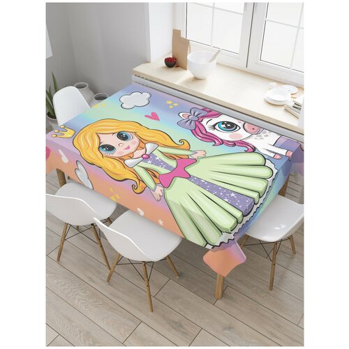 Прямоугольная тканевая скатерть на стол JoyArty с рисунком JoyArty "Принцесса и единорог" 145 на 180 см