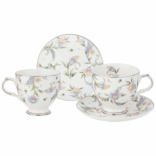 Чайный набор посуды на 2 персоны 275 мл Лефард Garden 4 предмета, 2 чашки и блюдца, подарочный белый фарфор Lefard