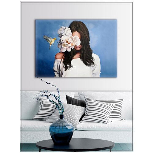 Картина для интерьера на натуральном хлопковом холсте "Девушка и птица", 30*40см, холст на подрамнике, картина в подарок для дома