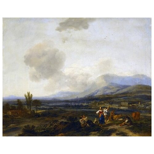 Репродукция на холсте Итальянский пейзаж с веселящимися пастухами Берхем Николас 38см. x 30см.