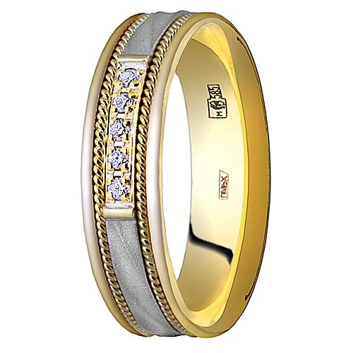 Кольцо обручальное Юверос, комбинированное, желтое золото, 585 проба, бриллиант, размер 19, белый