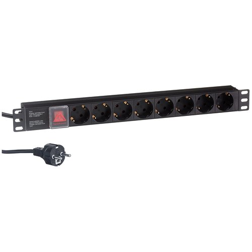 Блок розеток горизонтальный ExeGate ServerPro PDU-19H802 Al-8S-EU1.8-SW, 19", 1U, Алюминий, 8 Schuko, кабель с евровилкой VDE-250V-16A-3*1.5mm2, 1.8 метра, выкл. с подсветкой, черный