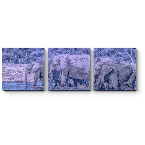 Модульная картина Африканские слоны на водопое 80x27