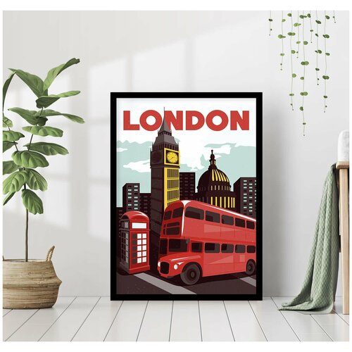 Постер В рамке "Лондон. Двухъярусный автобус" 50 на 70 (черная рама) / Картина для интерьера / Плакат / Постер на стену / Интерьерные картины
