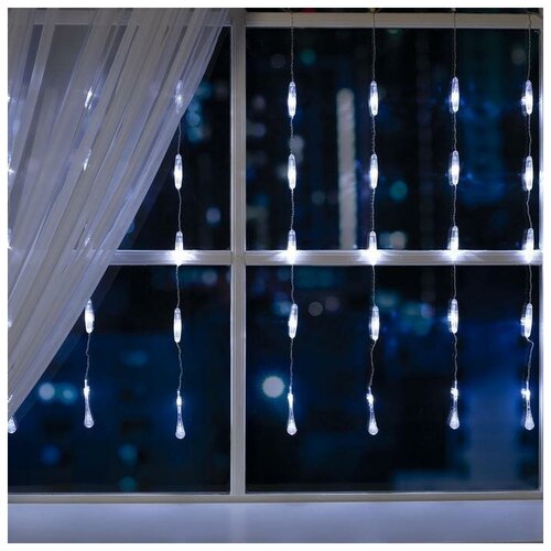 Светодиодная гирлянда-штора "Занавес" с насадками "Капли", электрогирлянда дождь на окно и фасад дома, интерьерное украшение, праздничное освещение, белое свечение, прозрачная нить, 50 LED фонариков, 8 режимов, 2.5 х 0.65 м, IP20, 220 В