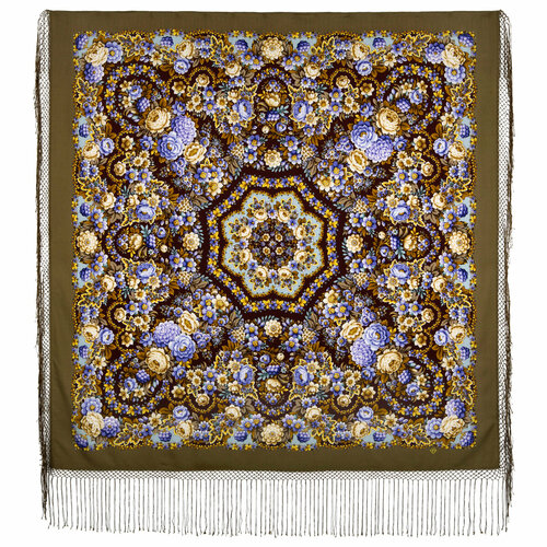 Платок Павловопосадская платочная мануфактура,148х148 см, коричневый, голубой