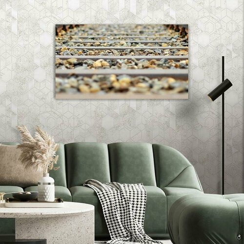 Картина на холсте 60x110 LinxOne "Макро, рельсы, фокус, шпалы" интерьерная для дома / на стену / на кухню / с подрамником