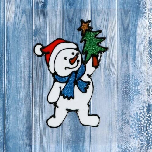 Наклейка на стекло Снеговик в синем шарфе с ёлкой 10х15 см/4 шт