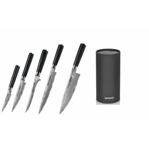SD-1021634585КРЧП Набор из 5-ти кухонных ножей SAMURA, овощного, универсального, обвалочного, слайсера, Шефа и подставки из пластика