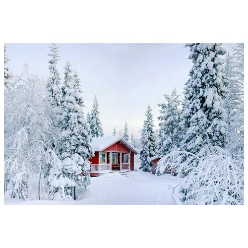 Постер на холсте Домик в зимнем лесу (Cabin in the winter woods) 45см. x 30см.