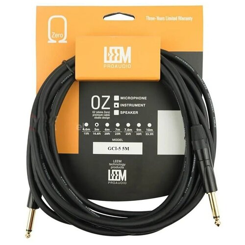 Акустический кабель инструментальный jack 6.3 mm 1/4" mono 5 м Leem GCI-5 // шнур для электро гитары и музыкальных инструментов