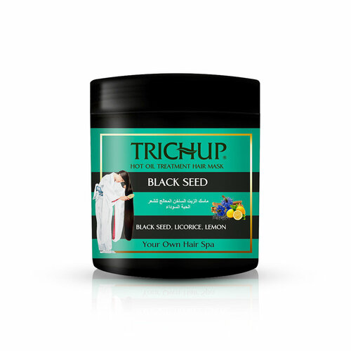 Trichup Hair Mask BLACK SEED Hot Oil Treatment, Vasu (тричуп (тричап) Маска для волос черные семена, Питание и защита, Обогащена Лимоном и Солодкой, Васу), черная банка 500 мл.