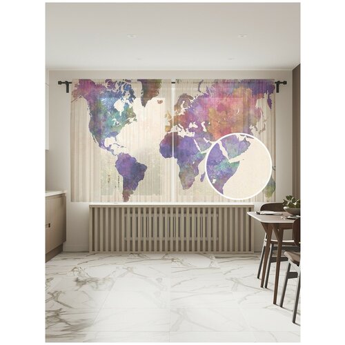 Фототюль JoyArty "Акварельная карта мира", 145x180 см (2 полотна со шторной лентой + 50 крючков)