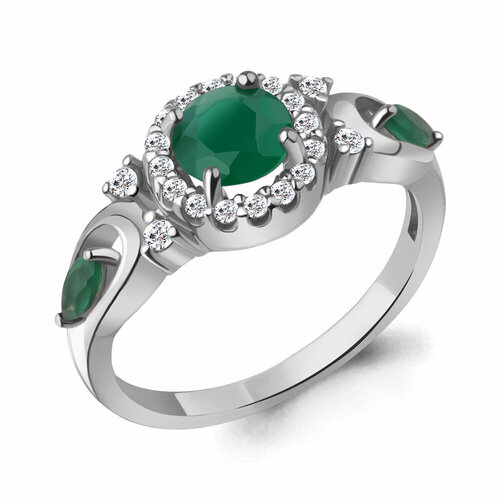 Кольцо Diamant online, серебро, 925 проба, фианит, агат, размер 17.5, зеленый