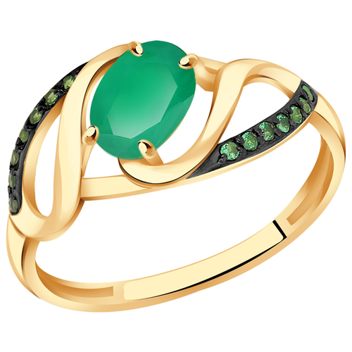 Кольцо АЛЕКСАНДРА, золото, 585 проба, фианит, агат, размер 16.5, зеленый