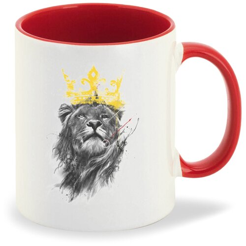 Кружка красная CoolPodarok Животные Лев с короной на голове кляксы