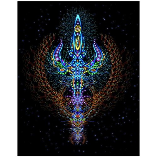 УФ-Фон (полотно) "Trishula", 50x75 см. Картина, светящаяся в ультрафиолете с флуоресцентным рисунком, настенное украшение, декорация, транс вечеринка.
