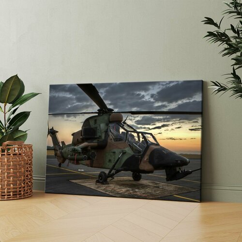 Картина на холсте (Военный вертолет сидит на смоле) 30x40 см. Интерьерная, на стену.