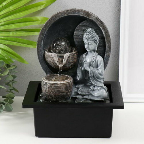 Фонтан настольный от сети, подсветка "Серый Будда у каменного фонтана" 21х17.5х26 см