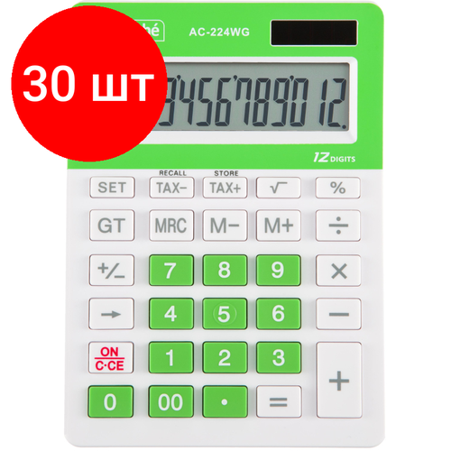 Комплект 30 штук, Калькулятор настольный Attache, AС-224WG,12р, двойное питание, бело-зеленый