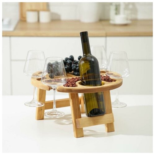 Столик - поднос для вина с менажницей и складными ножками Adelica, на 3 персоны, d=32×2,8 см, берёза