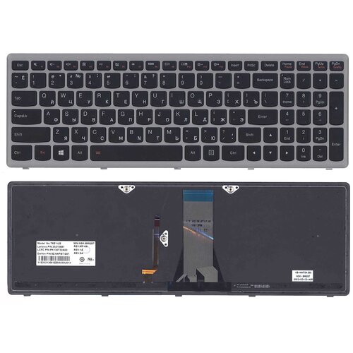 Клавиатура для ноутбука Lenovo T6E1 черная с подсветкой c серебристой рамкой