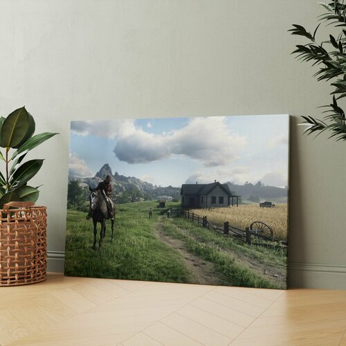 Картина на холсте "Мужчина верхом на лошади по пышному зеленому полю" 80x100 см. Интерьерная, на стену.