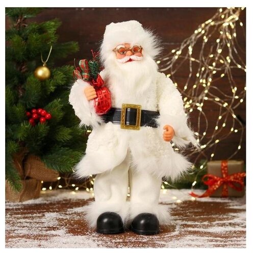 Дед Мороз в меховом белом костюмчике, с мешком, двигается, 20х40см