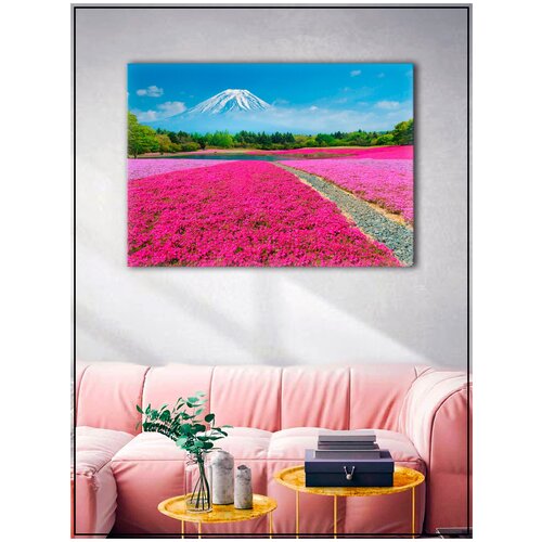 Картина для интерьера на натуральном хлопковом холсте "Цветущие поля в Японии", 38*55см, холст на подрамнике, картина в подарок для дома