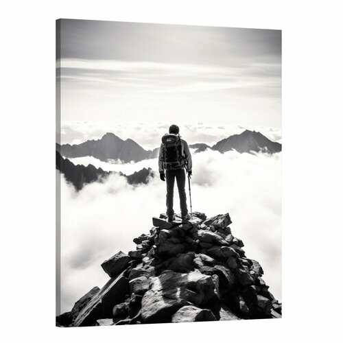 Интерьерная картина 50х70 "Горы в облаках: приключение в высоте"