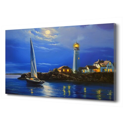 Картина на холсте "Маяк и лодка. Рисунок" PRC-480 (45x30см). Натуральный холст