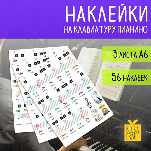 Набор стикеров (3 листа А6, 52 клавиши) на клавиши пианино для детей и взрослых