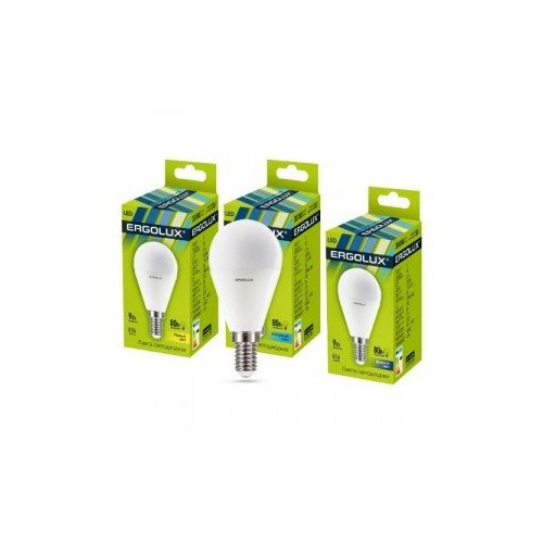 Светодиодная LED лампа Ergolux шар G45 E14 9W(760lm 220°) 3000K 2K матовая 92x45 пластик/алюм. LED-G45-9W-E14-3K (упаковка 12 штук)