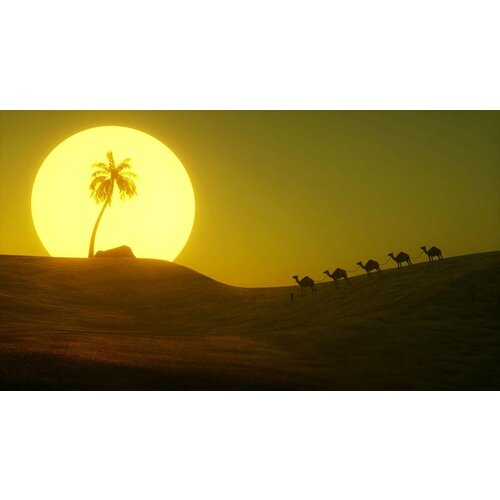 Картина на холсте 60x110 Альянс Лес "Арт Солнце Пустыня Пальма Холм" на подрамнике / интерьер/ декор