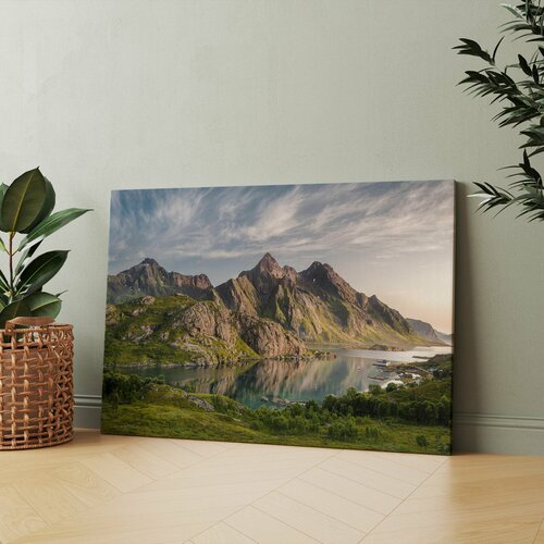 Картина на холсте "Горный хребет с озером на переднем плане" 20x30 см. Интерьерная, на стену.