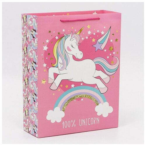 Пакет подарочный, 31 х 40 х 11,5 см "100% unicorn", Минни и единорог