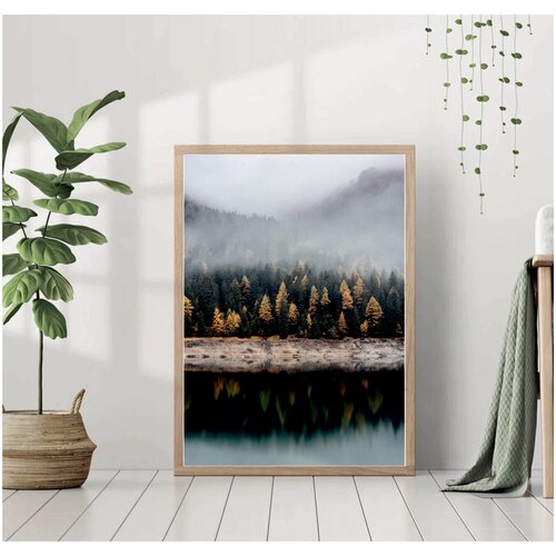 Постер без рамки "Пейзаж. Лес, отражение в воде" 40*50 в тубусе / Картина для интерьера / Плакат / Постер на стену / Интерьерные картины