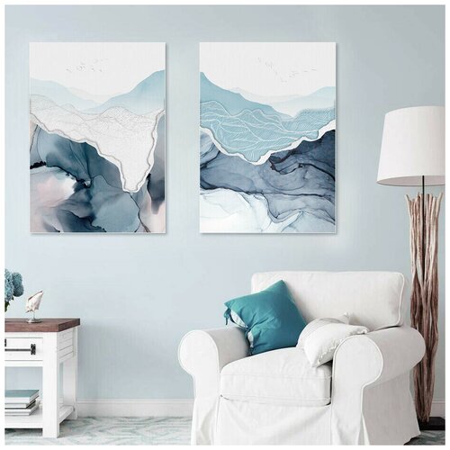 Картина интерьерная (2 шт по 50х70см) в спальню/гостиную/зал "Серебряные горы", арт холст на подрамнике, общий размер 70х100 см