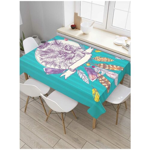 Скатерть прямоугольная JoyArty на кухонный стол "Кот и перья" из оксфорда, 180x145 см